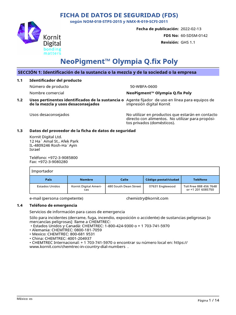Ficha de Seguridad NeoPigment™ Olympia Q.fix | PDF | Agua | Dióxido de ...