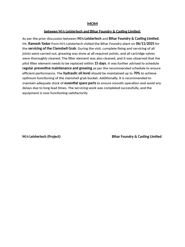 Clamshell Grab Servicing Report | PDF