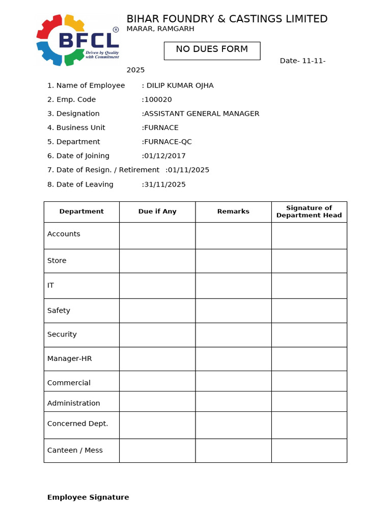 Employee Resignation No Dues Form | PDF