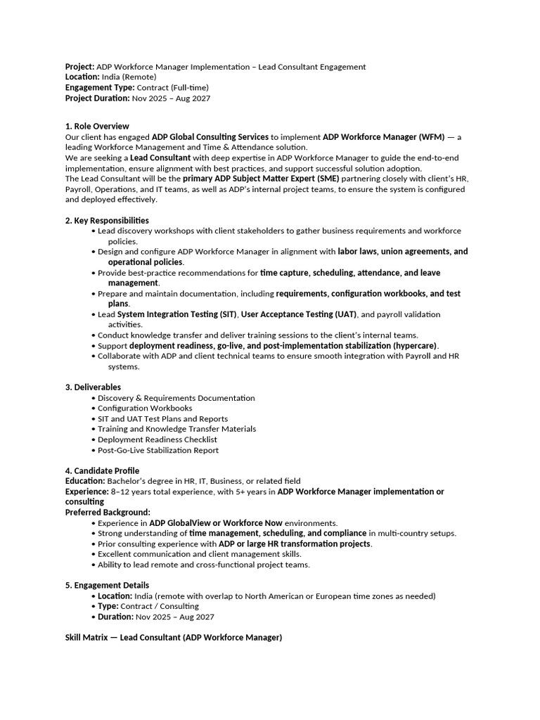 ADP Workforce Manager Implementation - Lead Consultant Engagement ...