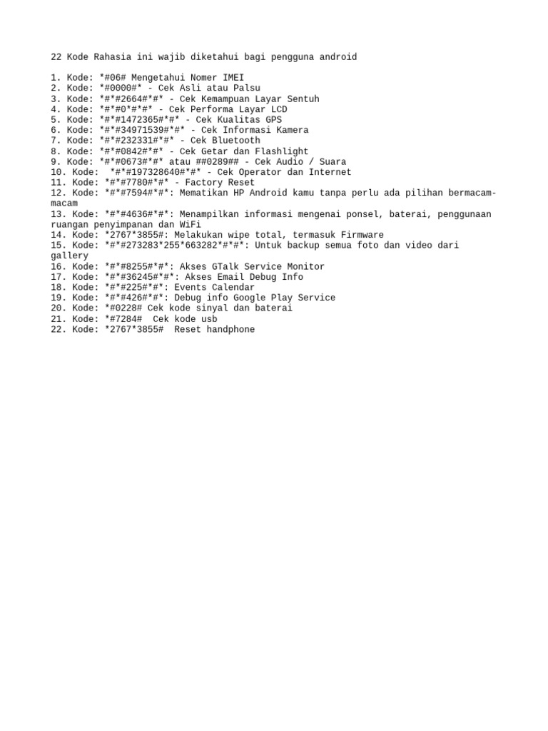 Kode Rahasia Penting untuk Android | PDF