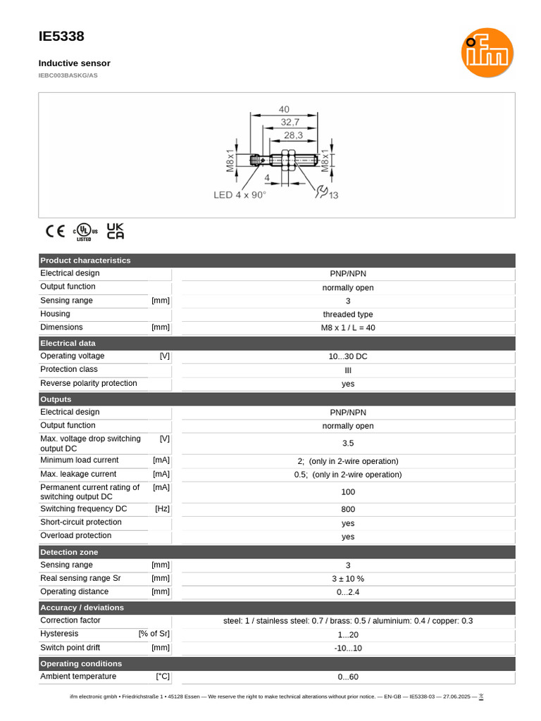IFM IE5338-03 Sensor Data Sheet | PDF | Bipolar Junction Transistor | Switch