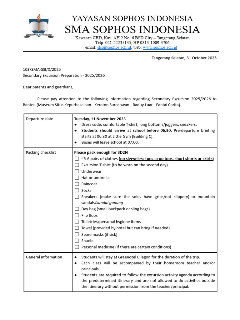 2025 Secondary Excursion Preparation (Upper Secondary) | PDF | Clothing ...