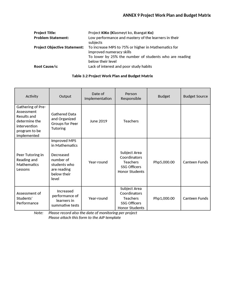 Sip Annex 9 Project Work Plan and Budget Matrix | PDF | Learning