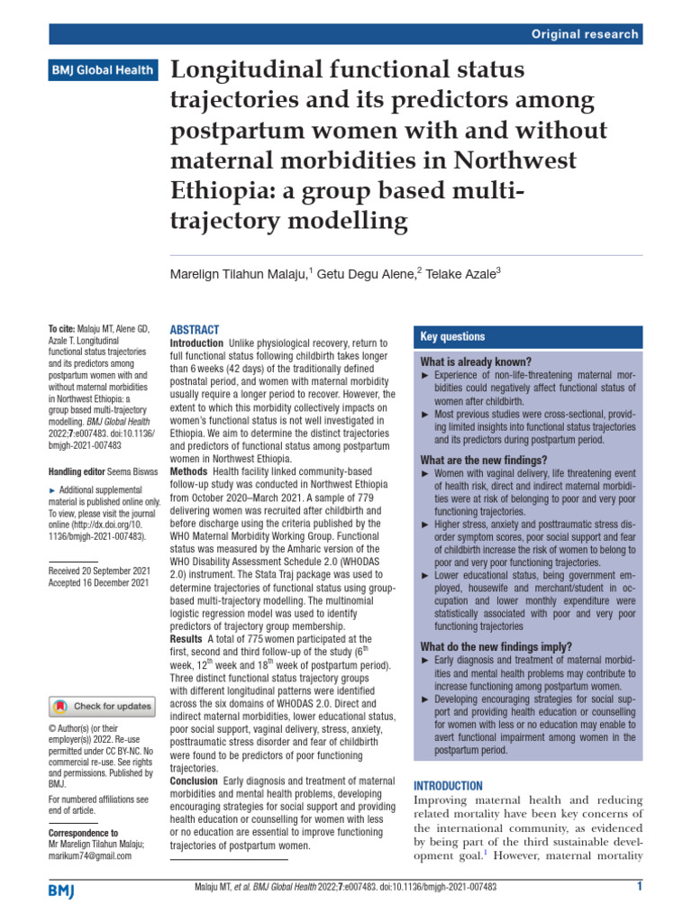 Postpartum Functional Status in Ethiopia | PDF | Maternal Health ...