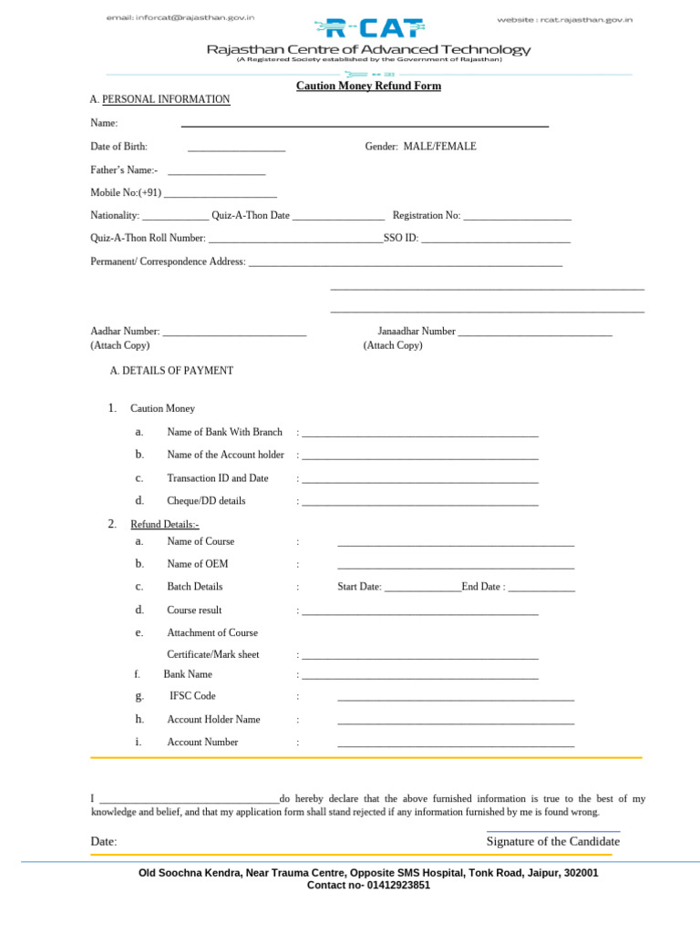 Caution Money Refund Application Form | PDF | Cheque