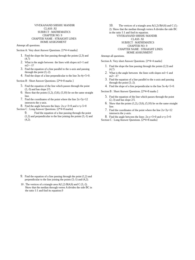 Class 11 Home Assignement Chapter 9 | PDF | Line (Geometry) | Perpendicular
