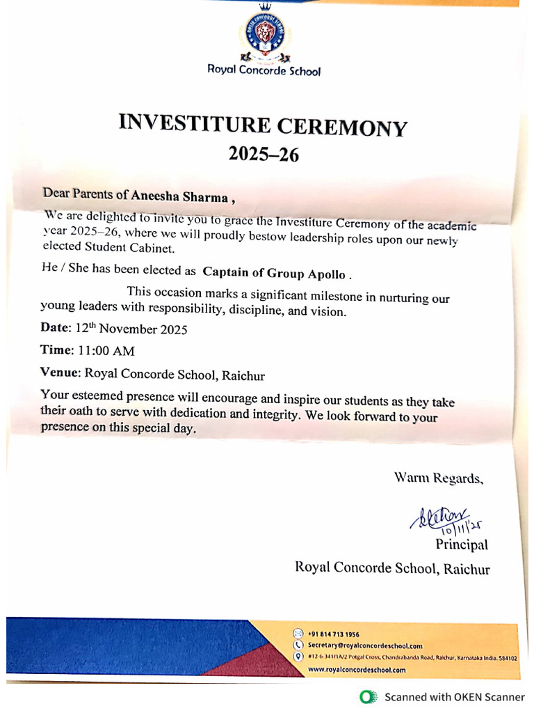 Investiture Ceremony (Invitation) Aneesha Sharma | PDF