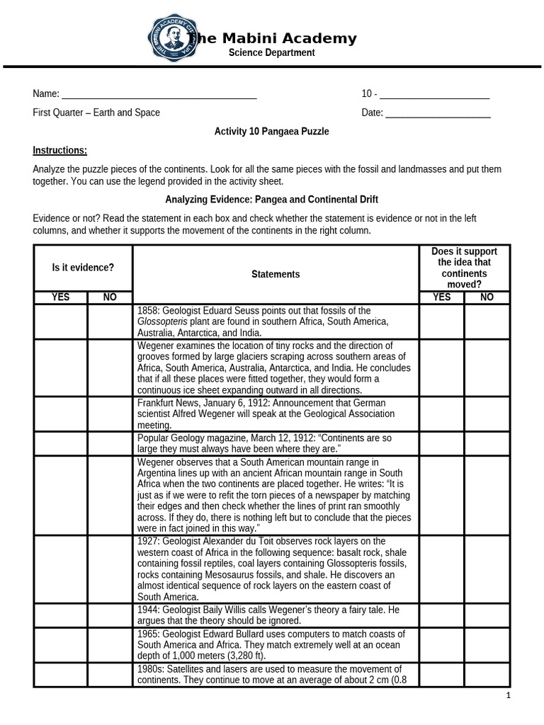 Activity 1 8 Pangaea Puzzle | PDF | Continent | Earth Sciences