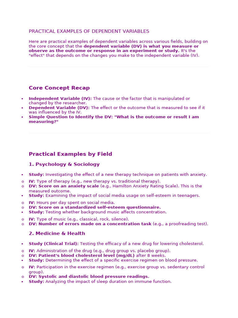 Examples of Dependent Variables Explained | PDF | Clinical Trial ...