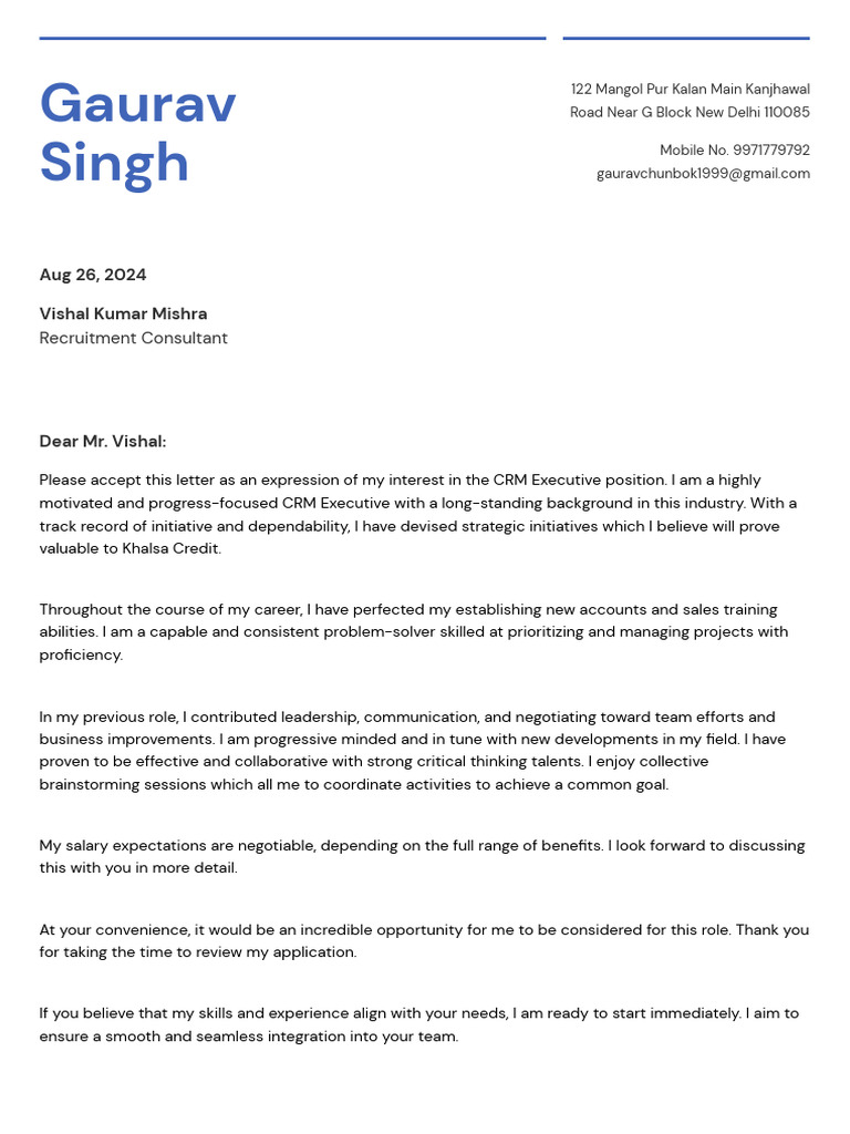 CRM Executive Application Letter | PDF