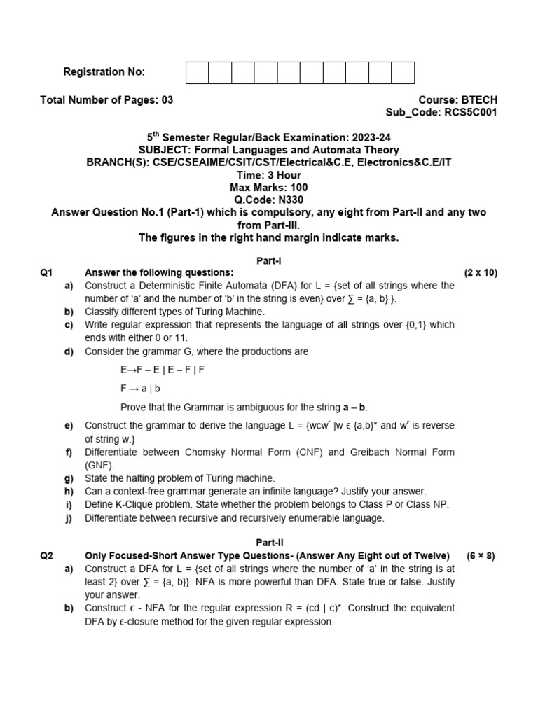 Btech Cse Csit Ece Ece It 5 Sem Formal Languages and Automata Theory Rcs5c001 2024 | PDF ...