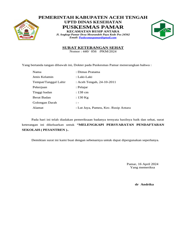 Surat Keterangan Sehat Dimas Pratama | PDF