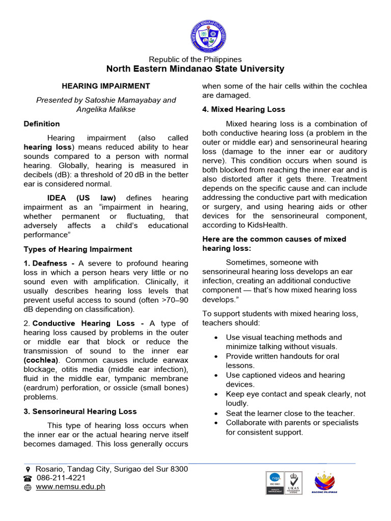 Hearing handout - for classmates final | PDF | Hearing Loss | Ear