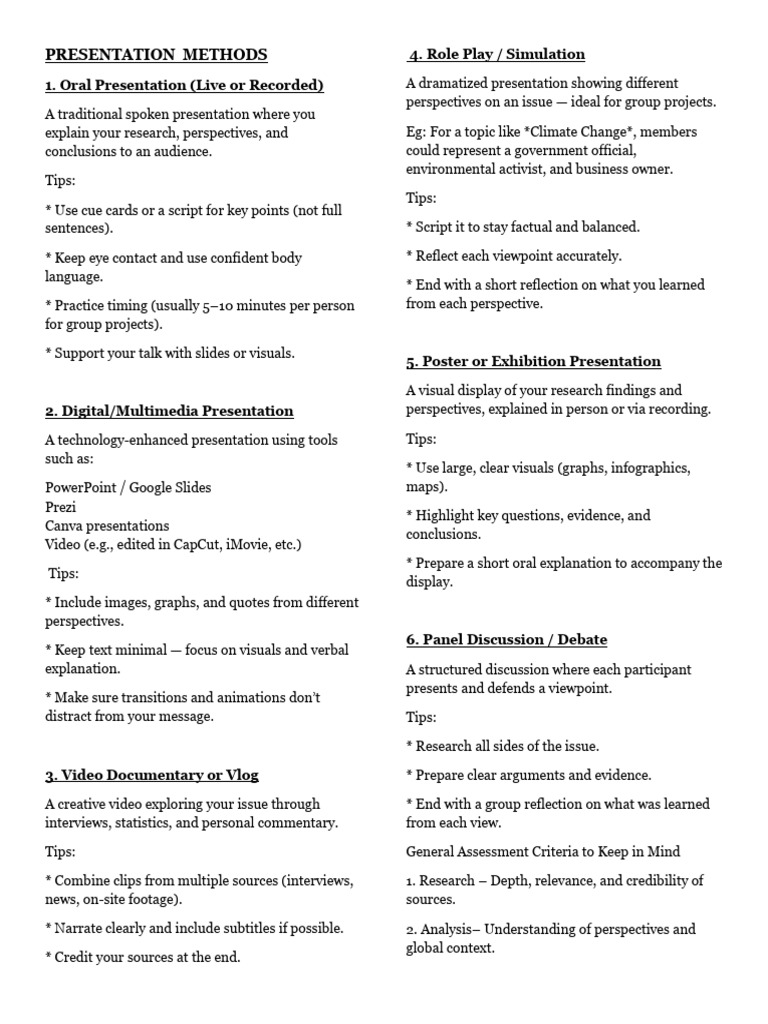Presentation Methods: 1. Oral Presentation (Live or Recorded) 4. Role ...