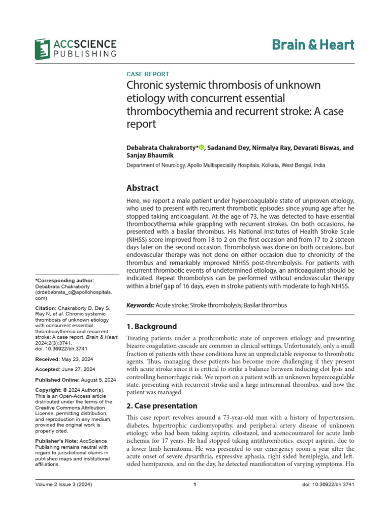 Chronic Thrombosis and Stroke Case Report | PDF | Stroke | Thrombosis