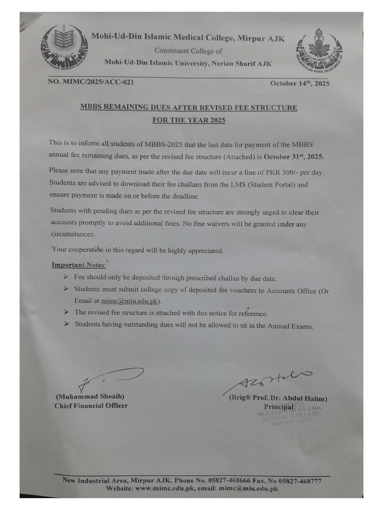 Revised Fee Structure For The Year 2025 | PDF
