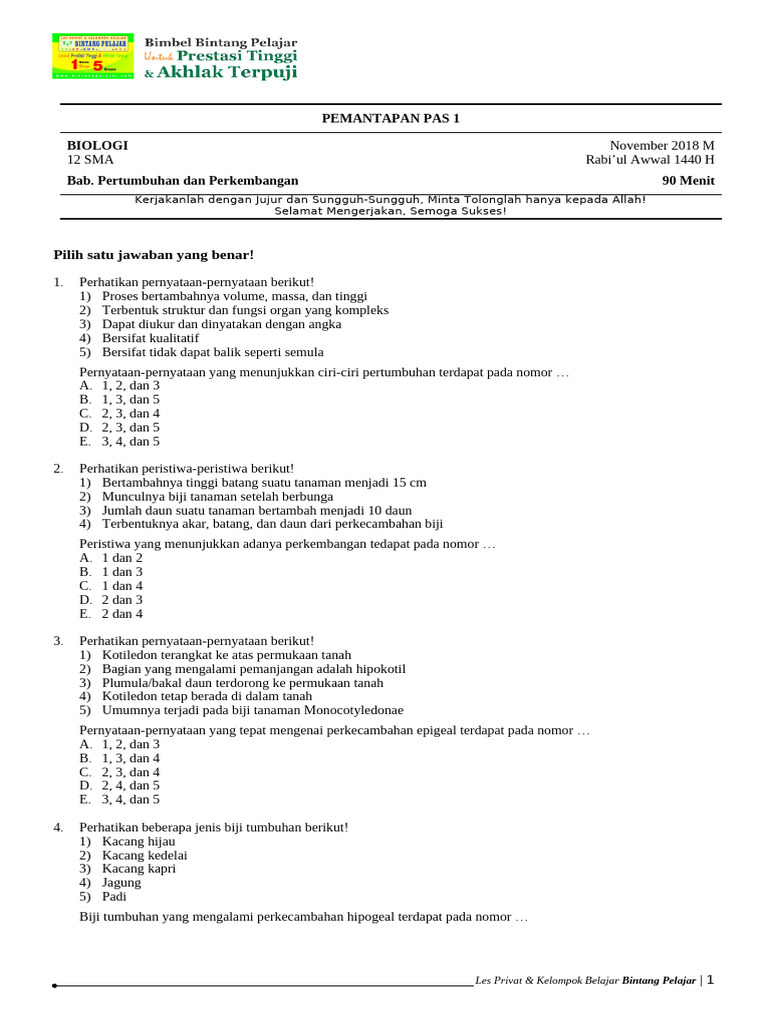 Bank Soal PAS Biologi 12 SMA (Pertumbuhan Dan Perkembangan) - Sem 1 ...