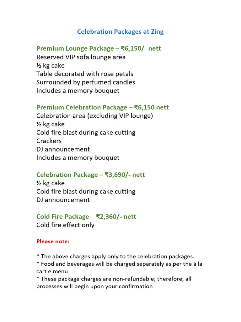 Celebration Packages at Zing | PDF