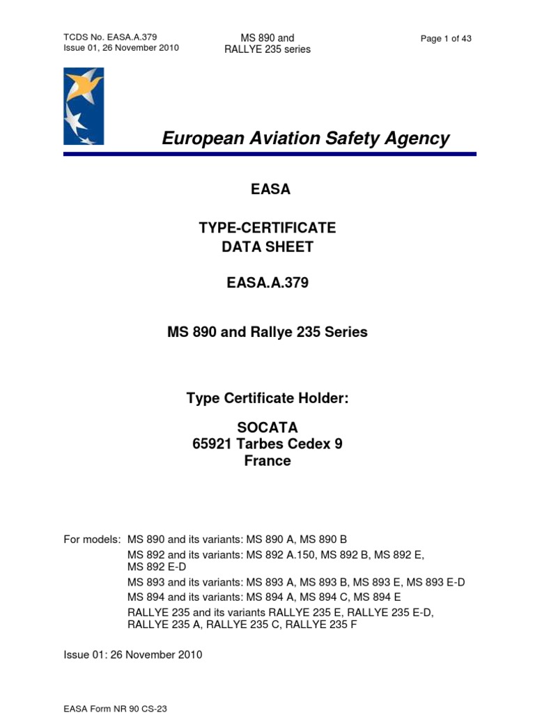 EASA Type Certificate Data Sheet for the SOCATA MS 890, MS 892, MS 893 ...