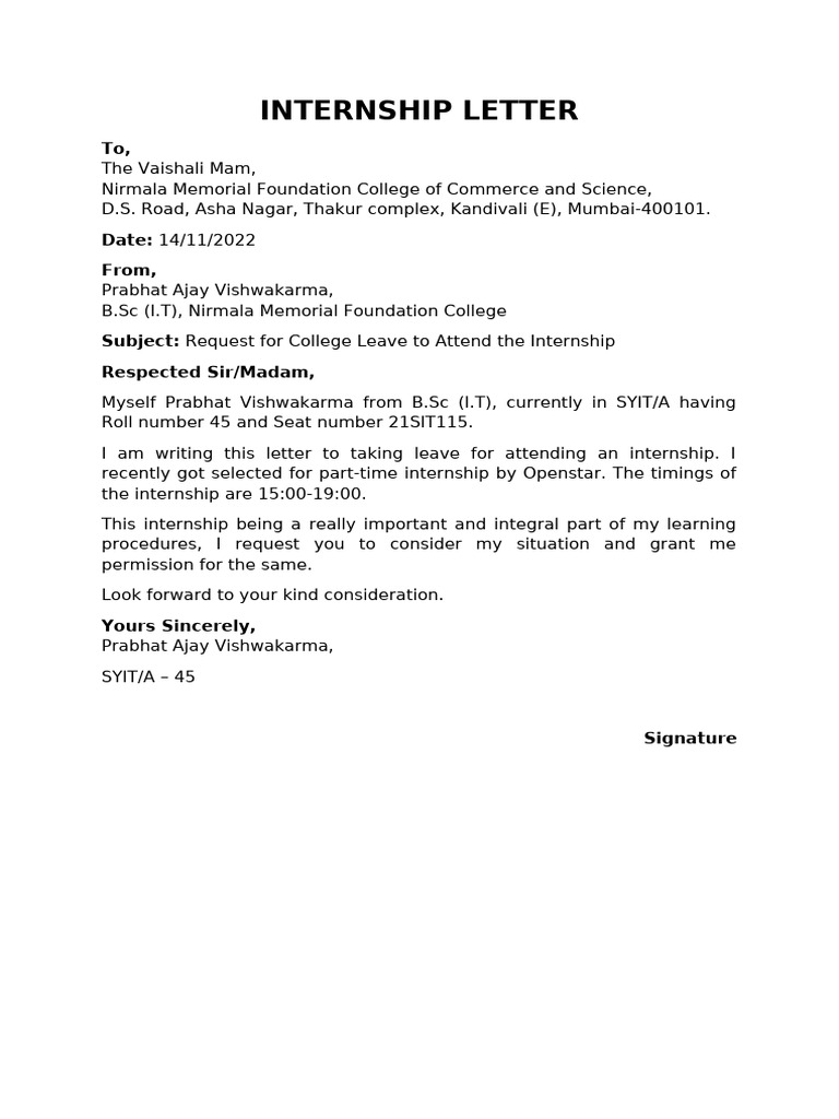 Internship Leave Request Letter | PDF