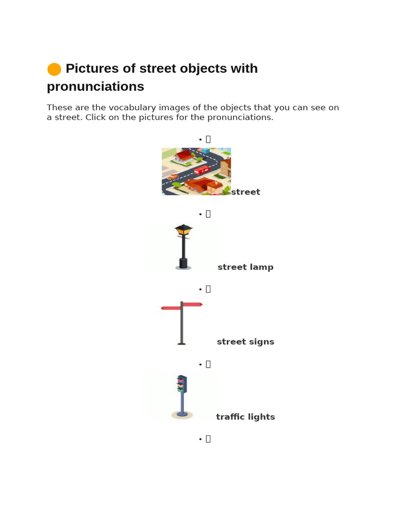Pictures of Street Objects With Pronunciations | PDF