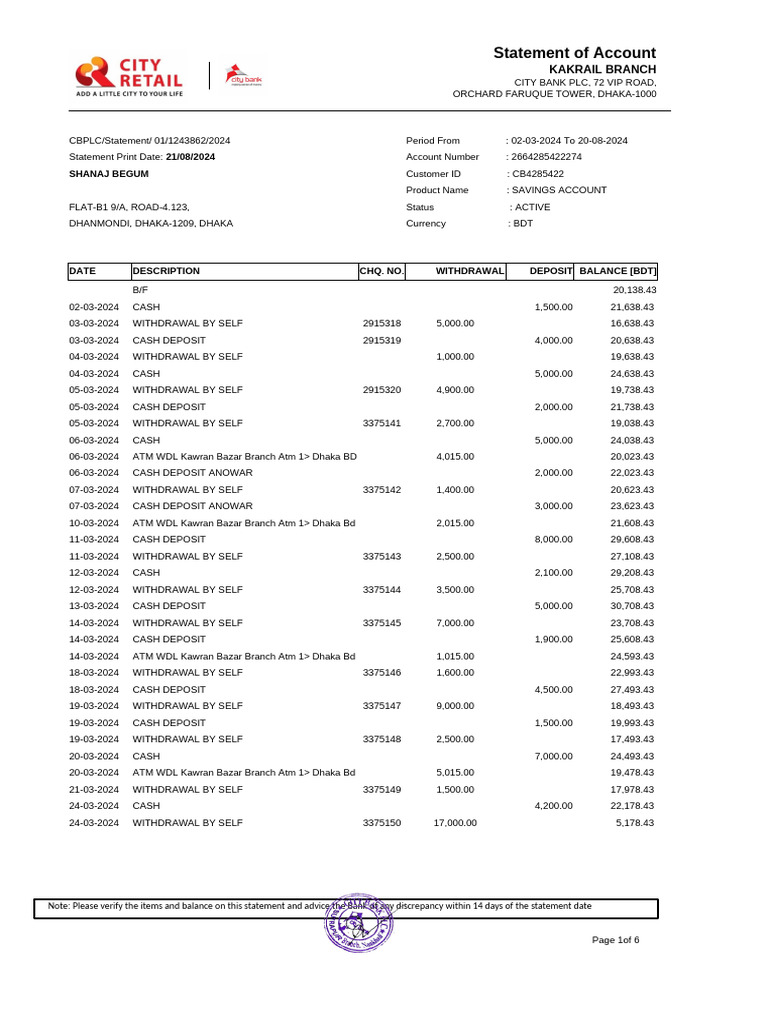 763087564 City Bank Statement | PDF | Banks | Cash