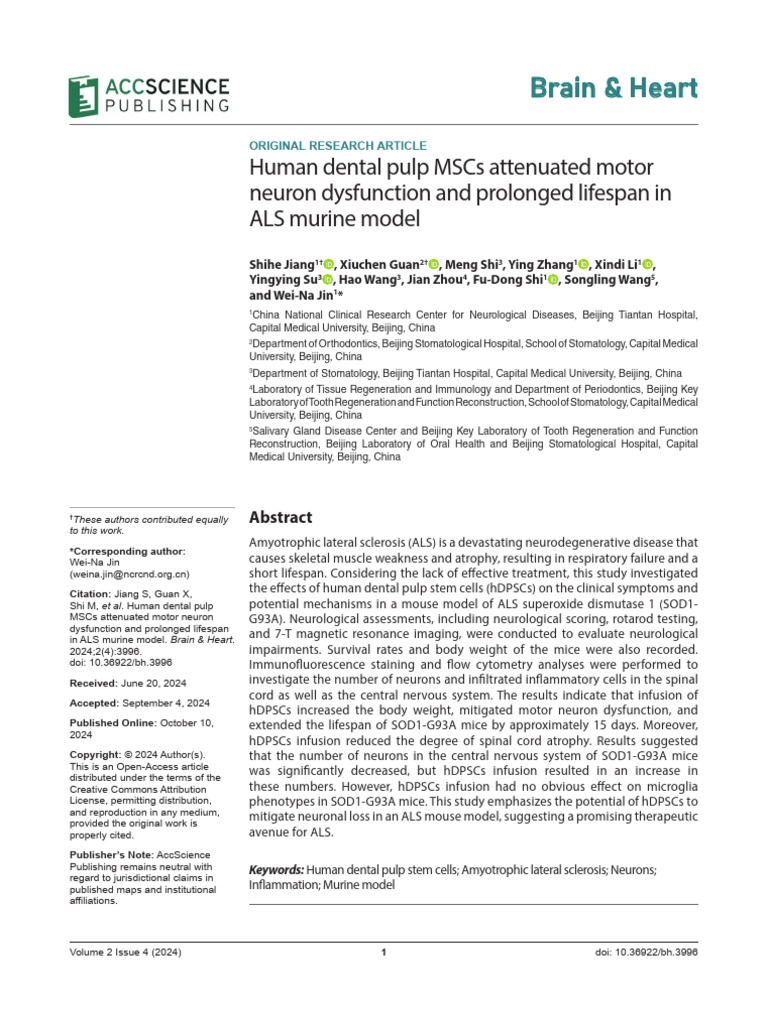 Human dental pulp MSCs attenuated motor neuron dysfunction and prolonged lifespan in ALS murine ...