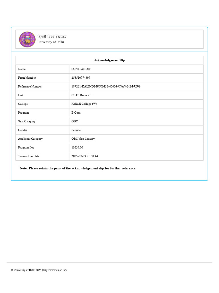 DU Kalindi College Fee Receipts | PDF