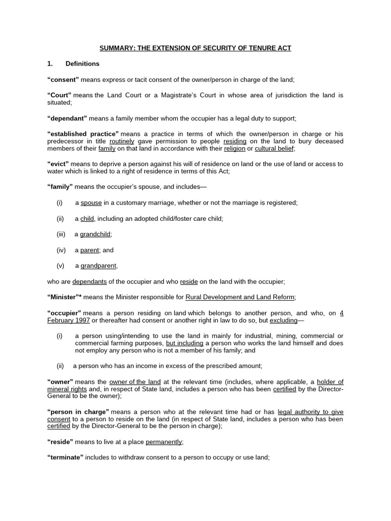 Summary of Extension of Security of Tenure Act | PDF | Employment | Family