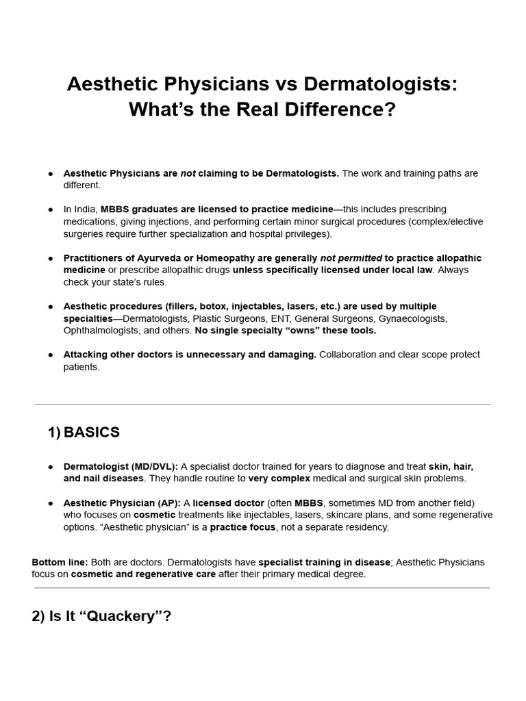 Aesthetic Physicians Vs Dermatologists - What's The Real Difference | PDF | Physician | Dermatology