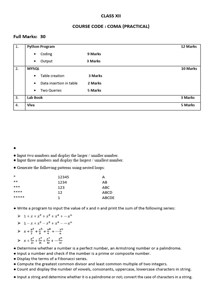 Class XII Python & MySQL Practical Guide | PDF | Numbers | String ...