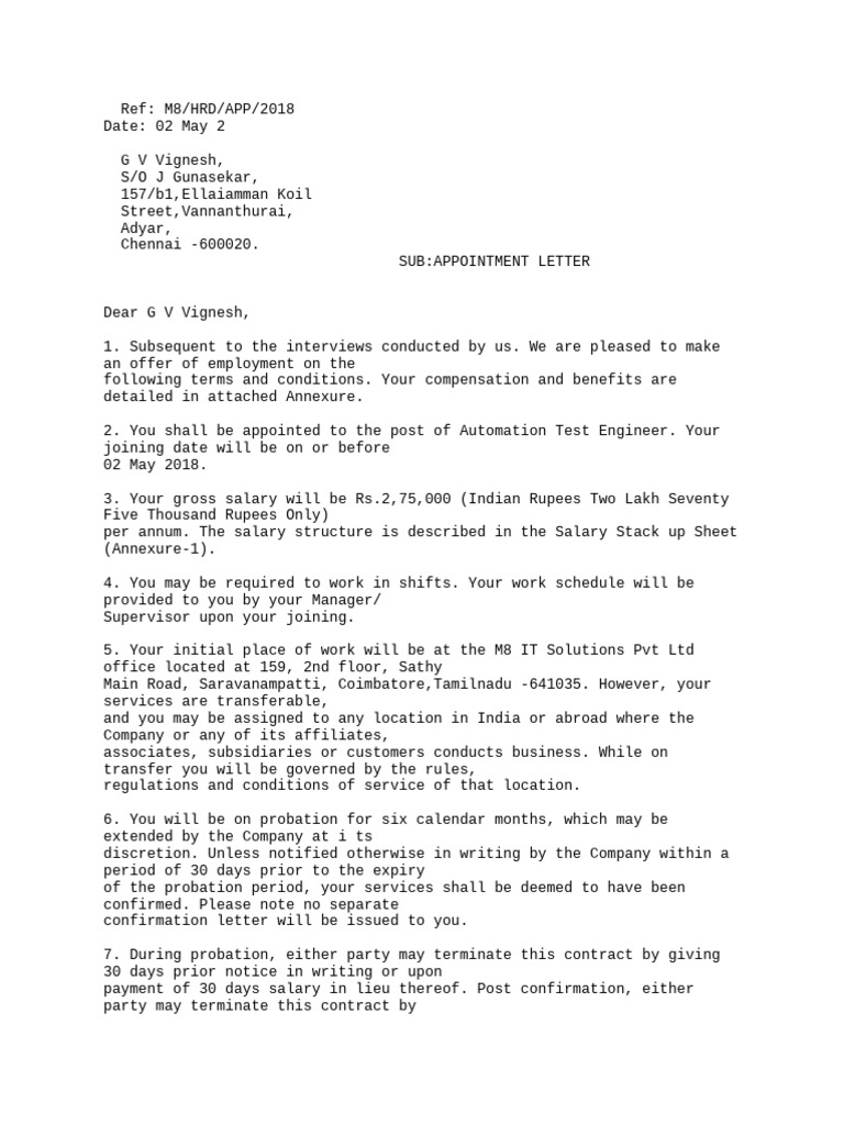 921955822-G-v-Vignesh-Appointment-Letter | PDF | Confidentiality | Employment