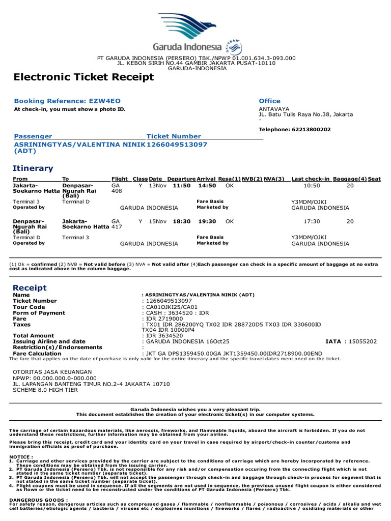 Garuda Indonesia Electronic Ticket Receipt | PDF | Dangerous Goods