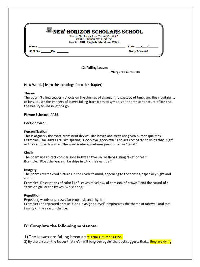 Grade 8 12 Falling Leaves | PDF | Poetry