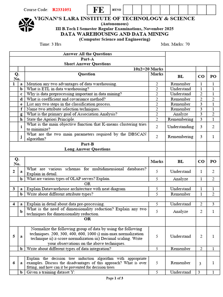 Data Warehousing & Mining Exam Paper | PDF | Cluster Analysis | Data ...
