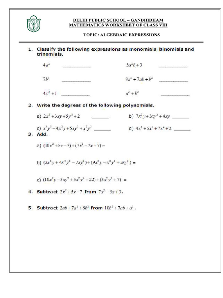 Class 8th Algebraic Expression Worksheet | PDF