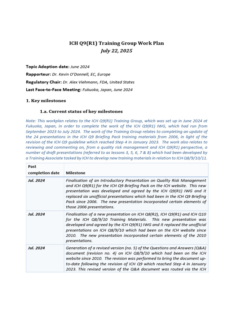ICH Q9(R1) Training Group Work Plan | PDF | Risk Management | Safety