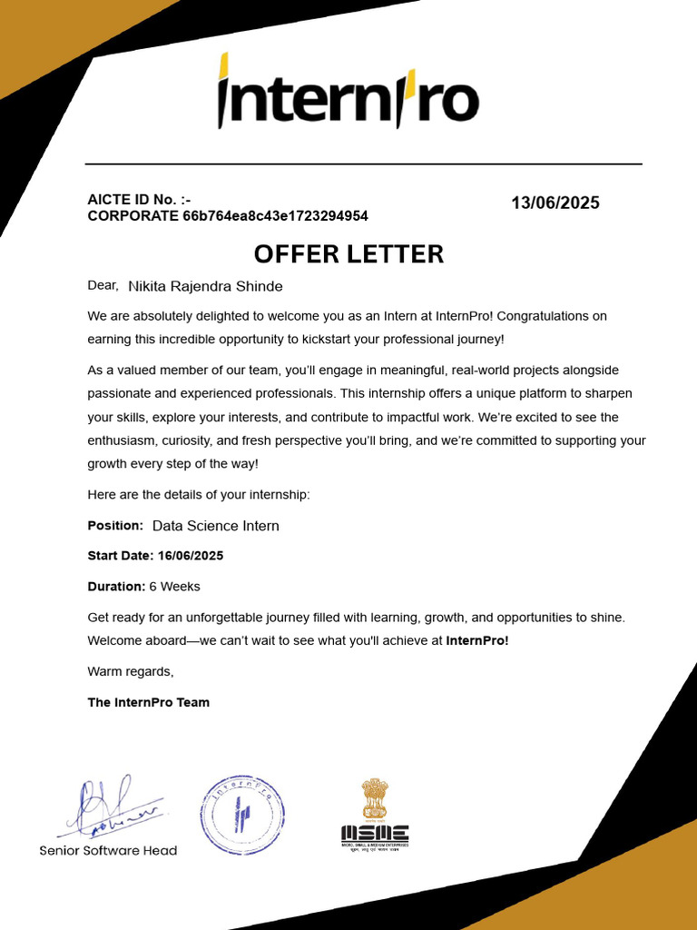Offer Letter of Nikita Rajendra Shinde | PDF