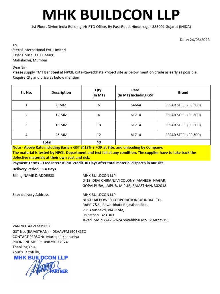 TMT Bar Steel Supply Request for Rajasthan | PDF