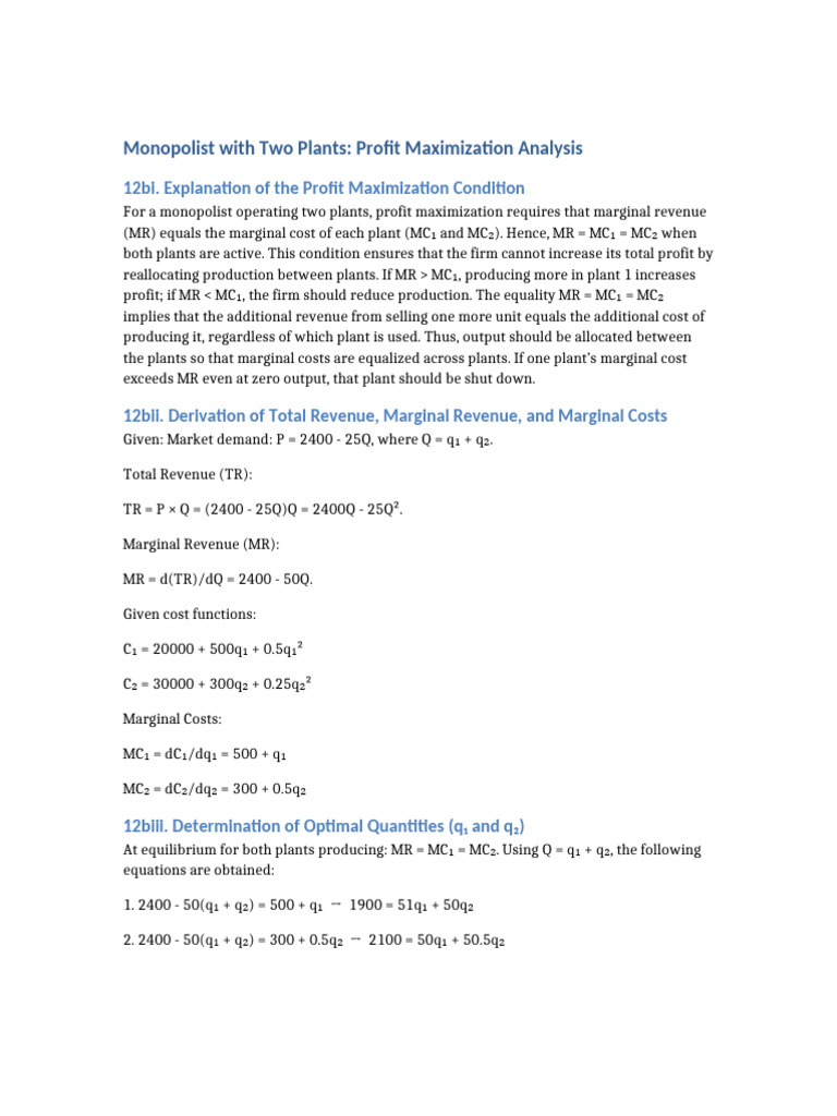 Monopolist Two Plants Profit Maximization | PDF