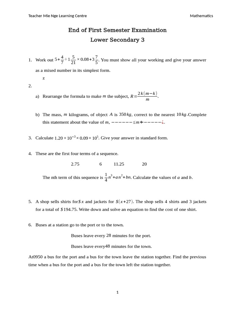 Y9 1st Term Exam | PDF | Area | Mathematics