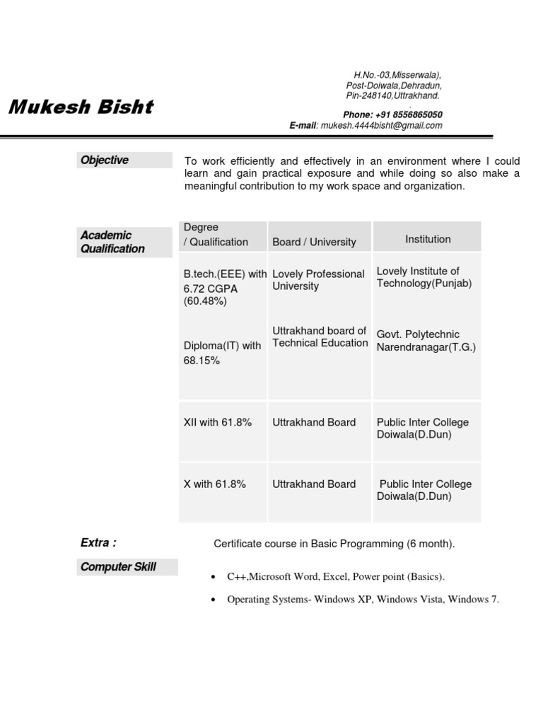 Mukesh Bisht's Resume and Qualifications | PDF | Career & Growth | Business