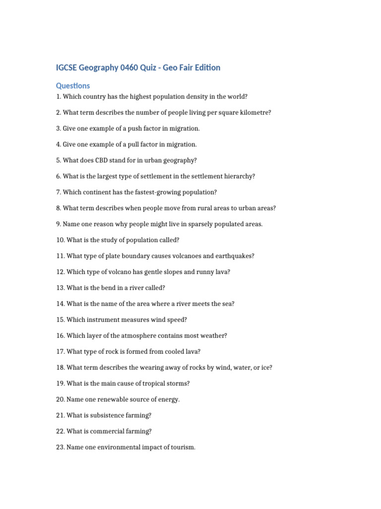IGCSE Geography Quiz Questions & Answers | PDF | Agriculture | Natural ...