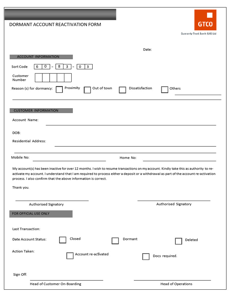 Dormant Account Reactivation Form | PDF