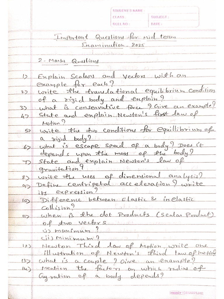 Important Questions For Mid Term Exam (I PUC) - 2025 | PDF