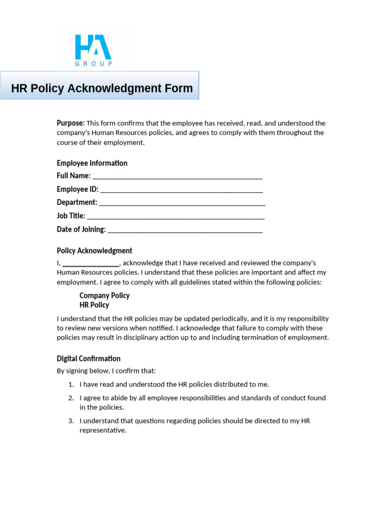 HR Policy Acknowledgment Form | PDF