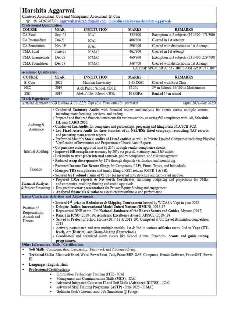 Harshita Aggarwal CA CMA Resume | PDF | Audit | Taxes
