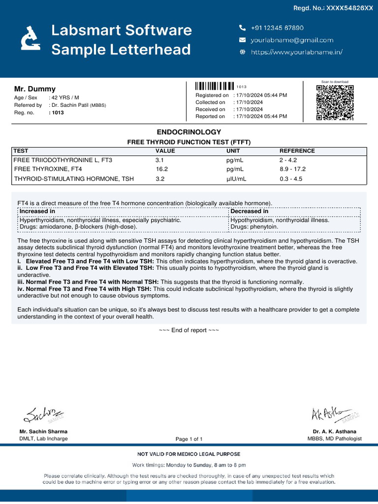 Free Thyroid Function Test Report Format | PDF | Thyroid Stimulating ...