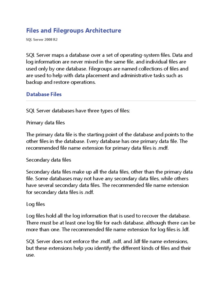 Files And File Groups Architecture Pdf File System Microsoft Sql Server